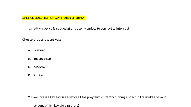 COMP 101: Sample Questions for Computer Literacy Exam - Studocu