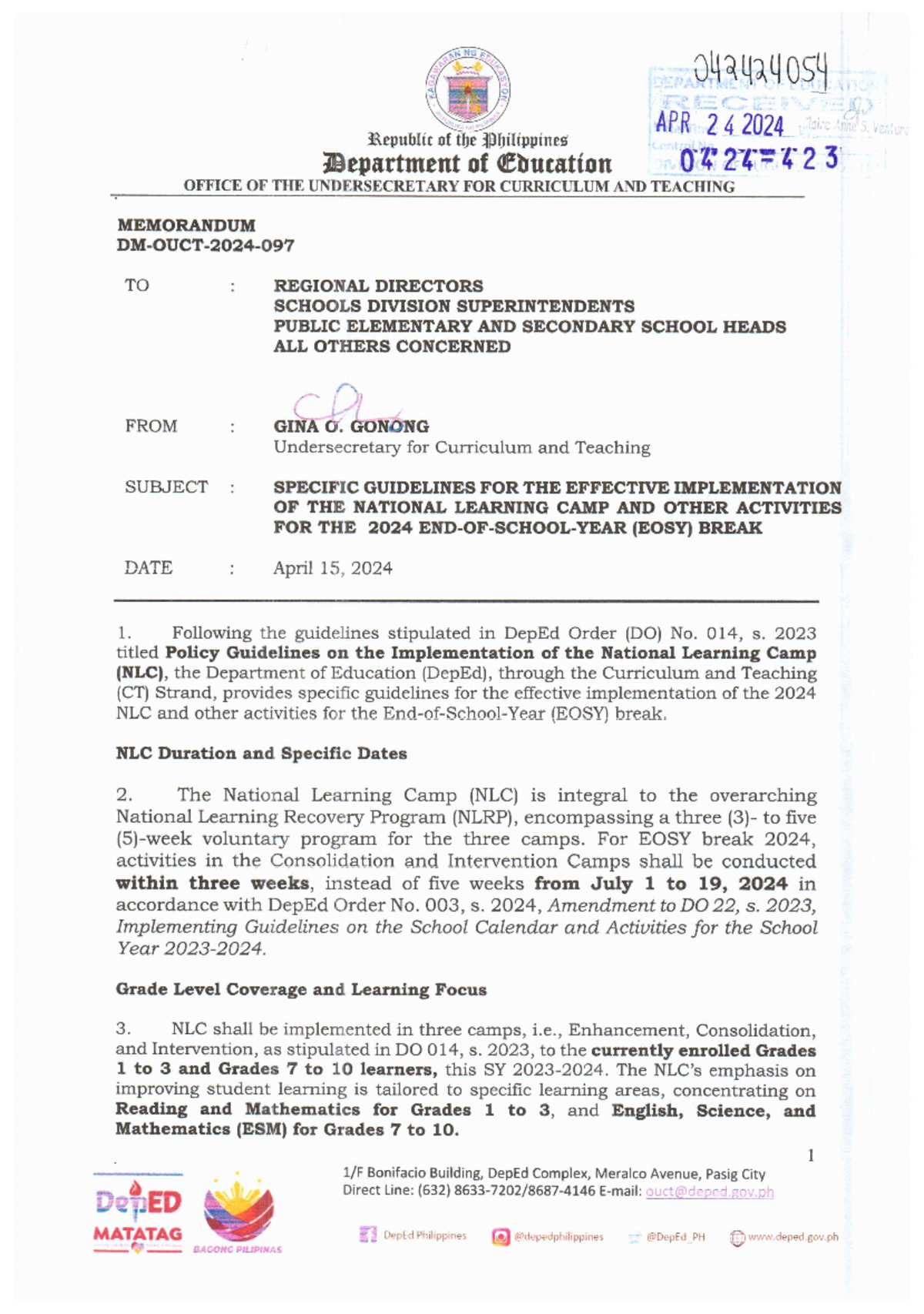 NLC-MEMO-2024: Guidelines for National Learning Camp Implementation ...
