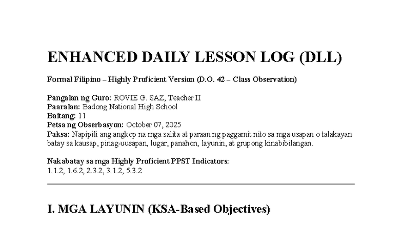 Enhanced Daily Lesson Log (DLL) for Filipino Class Observation - Studocu