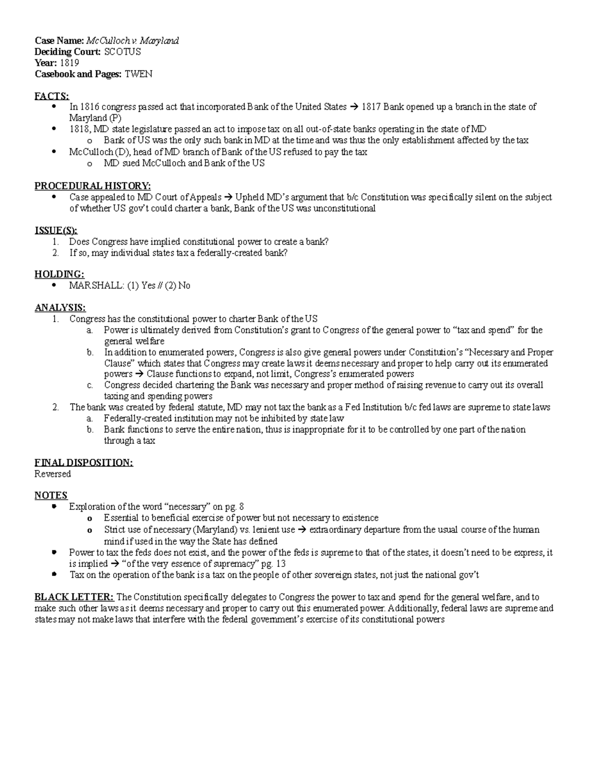 Mc Culloch v. Maryland - Exam prep material - Case Name: McCulloch v ...