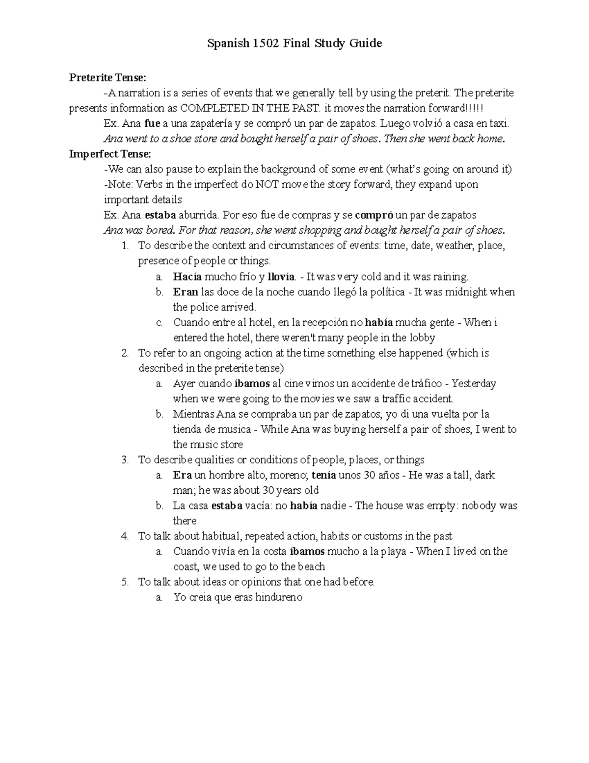 Spanish 1502 Final Exam Study Guide: Preterite vs. Imperfect Tenses ...