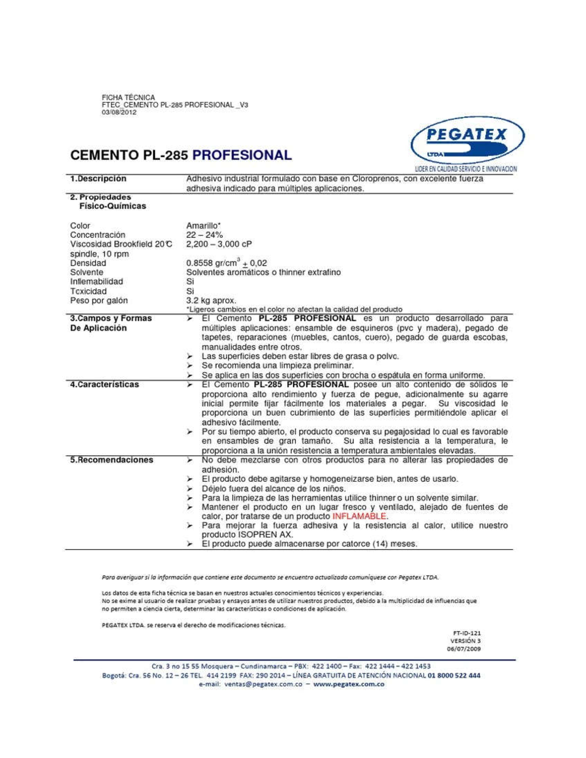 Ficha Técnica PL-285: Adhesivo Cloropreno para Múltiples Aplicaciones ...