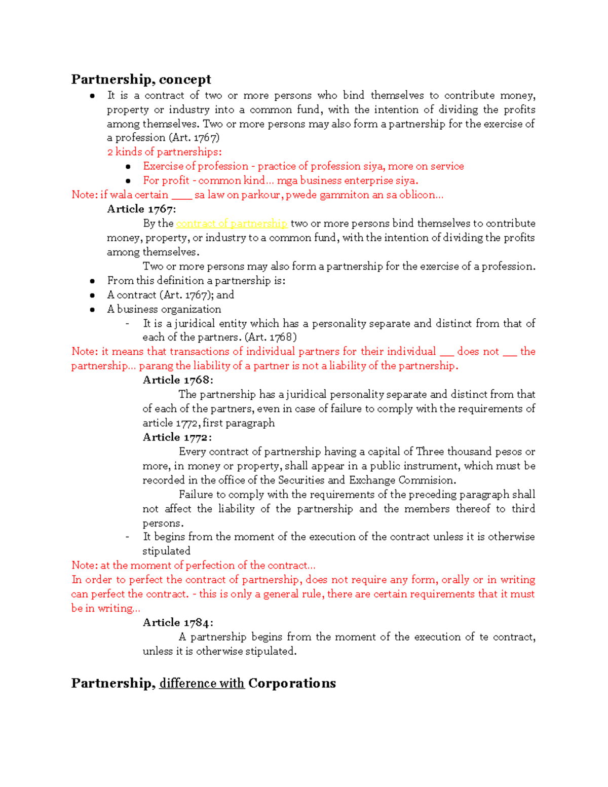 Law on Par Cor - Partnership Notes and Concepts Overview - Studocu