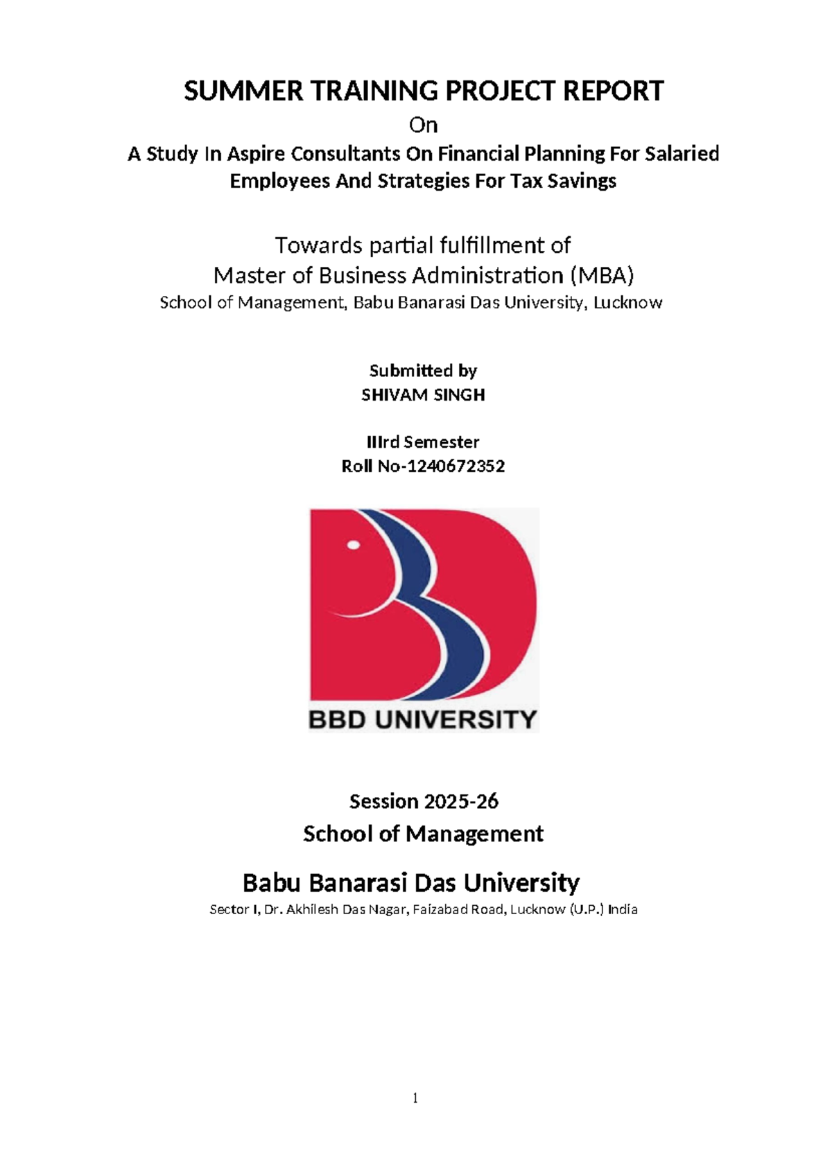 MBA Summer Training Project Report: Financial Planning & Tax Strategies ...