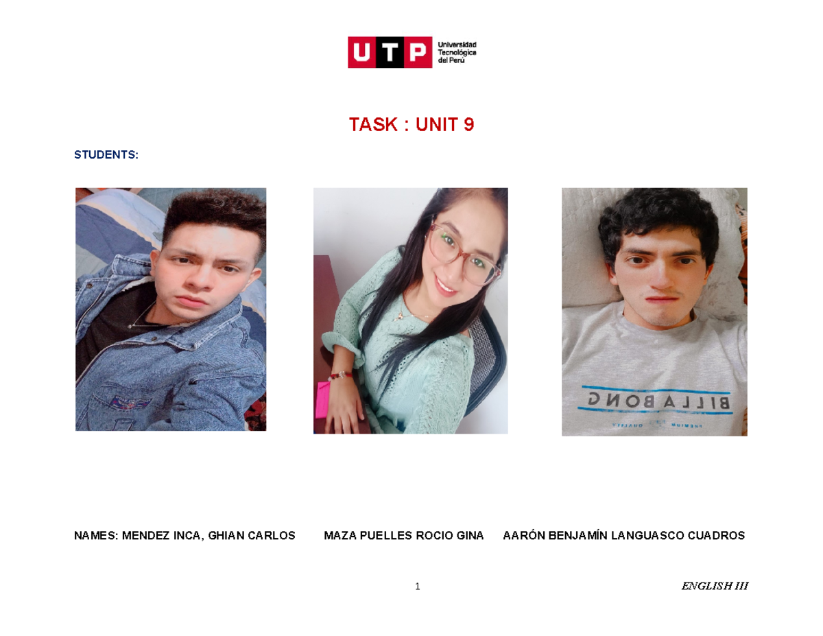 english work tarea - TASK : UNIT 9 STUDENTS: NAMES: MENDEZ INCA, GHIAN CARLOS MAZA PUELLES ROCIO ...