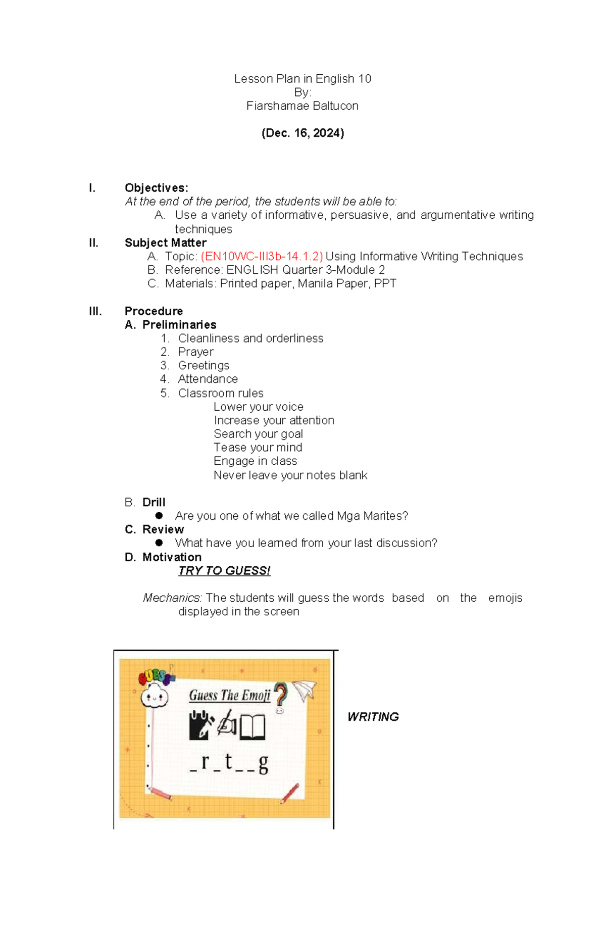 English 10 Lesson Plan: Informative Writing Techniques (EN10WC-III3b-14 ...