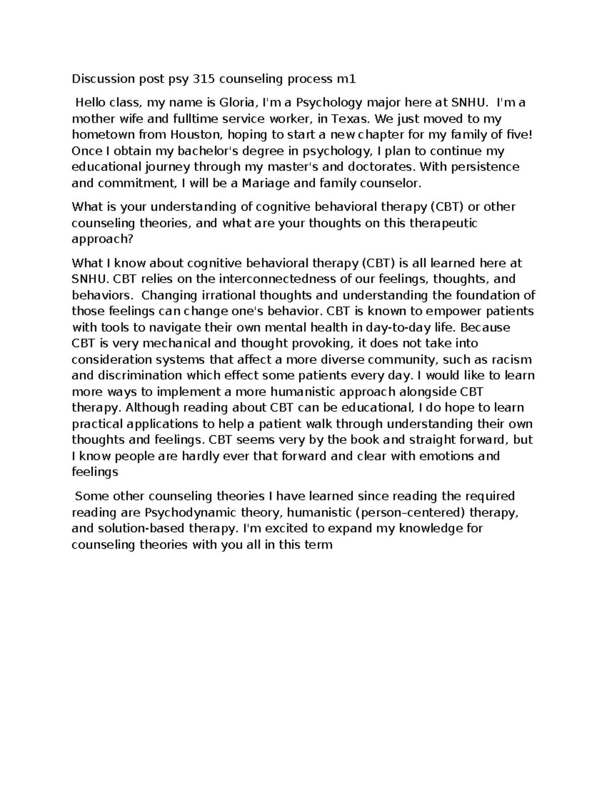 Psy 315 Counseling Process M1: Exploring CBT and Counseling Theories ...