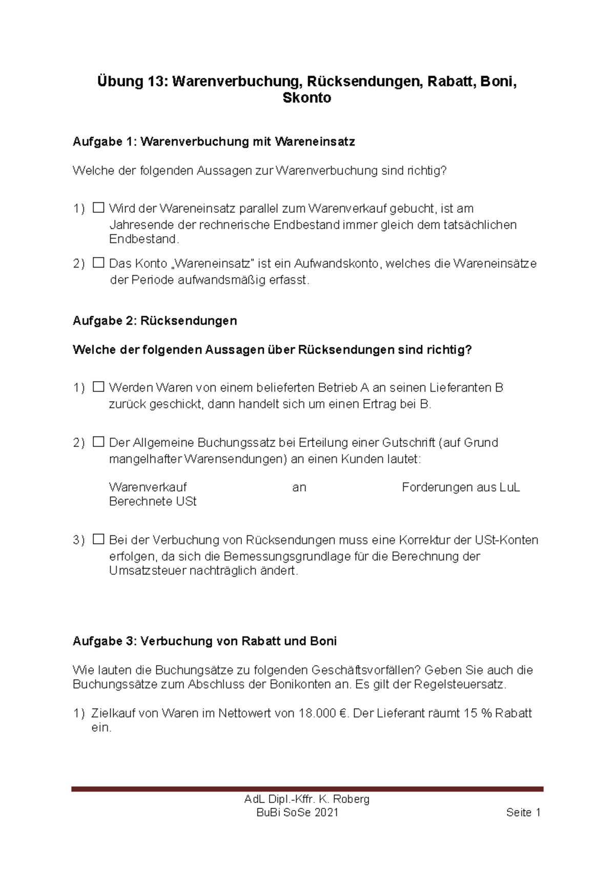 Übung 13 Warenverbuchung Rücksendung Rabatt Boni Skonto So Se 2021 ...