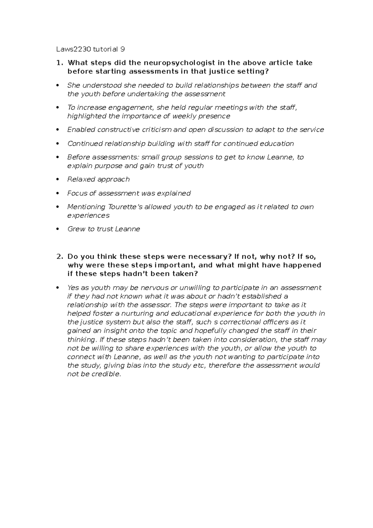 Laws2230 Tutorial 9: Neuropsychologist's Assessment Steps in Justice ...