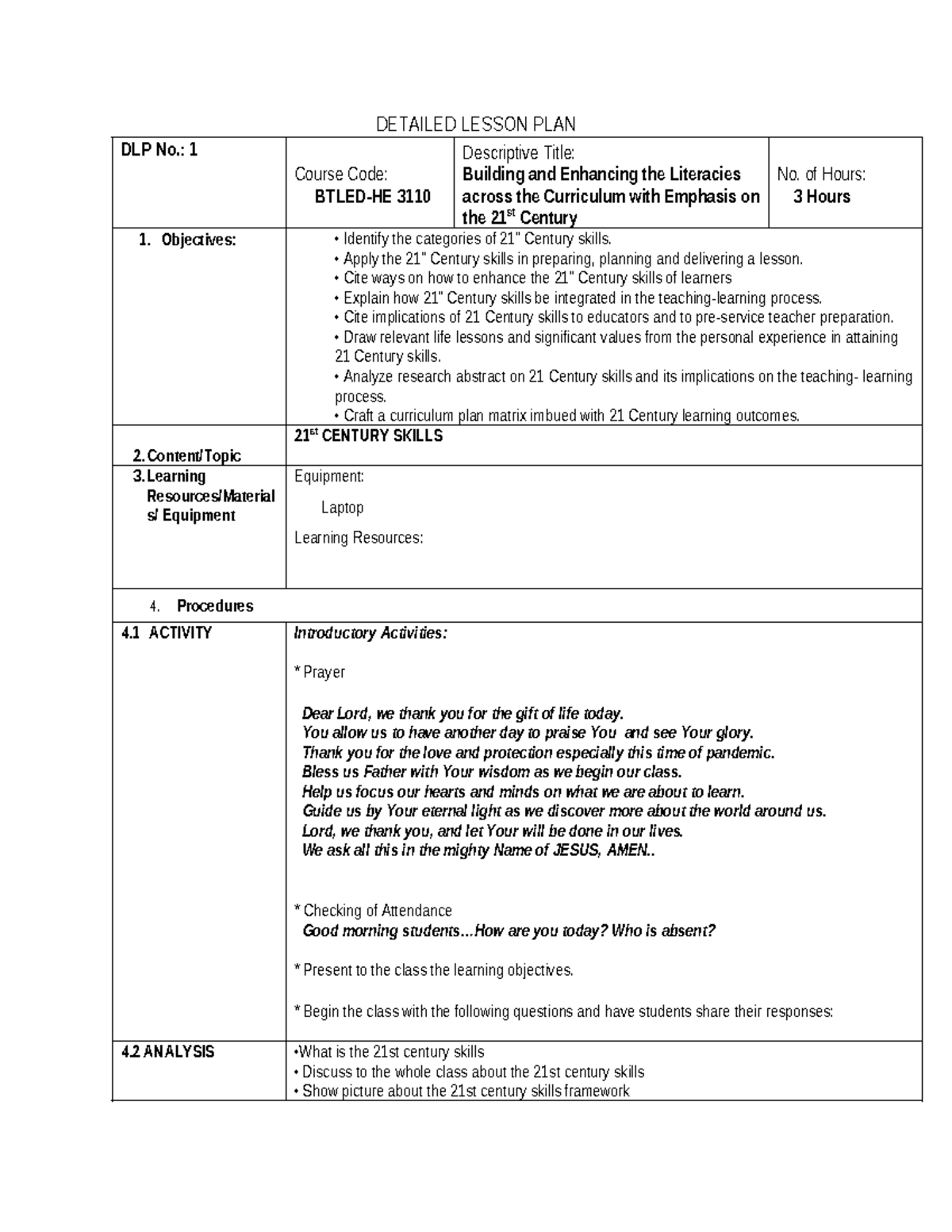 Lesson Plan: Enhancing 21st Century Skills - BTLED-HE 3110 - Studocu