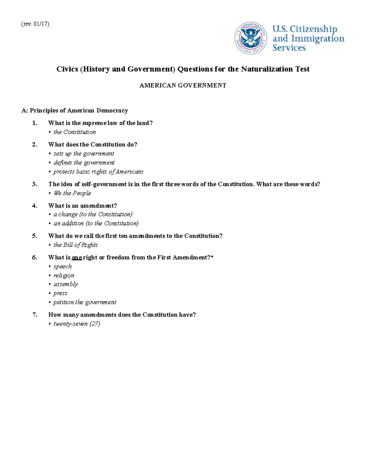 Civics Study Guide for Naturalization Test (CIVICS 101) - Studocu