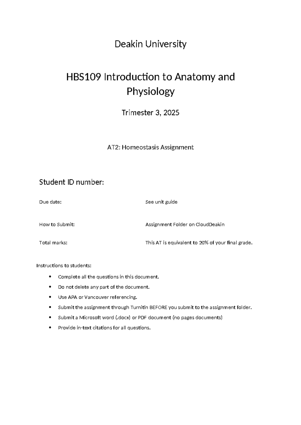 HBS109 AT2: Homeostasis Assignment Template for Trimester 3, 2025 - Studocu