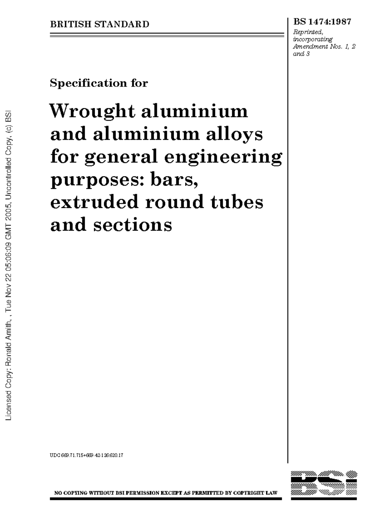 BS 01474:1987 - Specification for Wrought Aluminium Alloys - Studocu