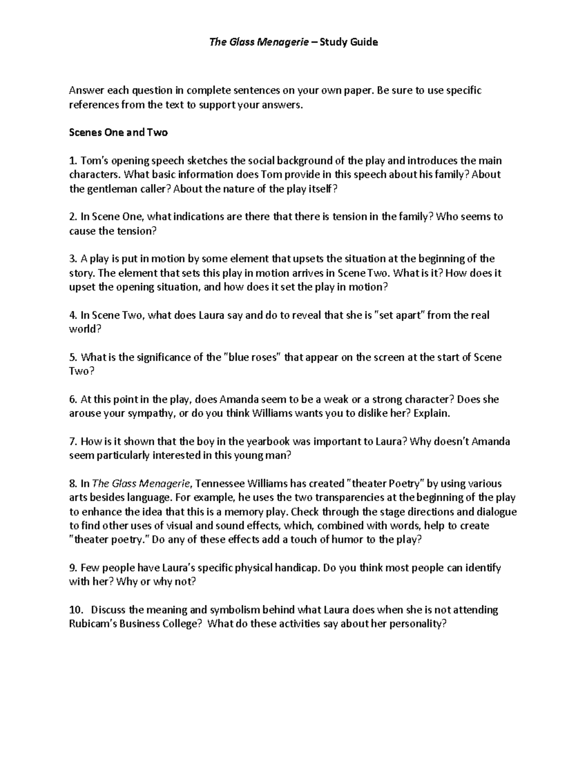 The Glass Menagerie Study Guide Qs for Scenes 1-2 (2nde-SL) - Studocu
