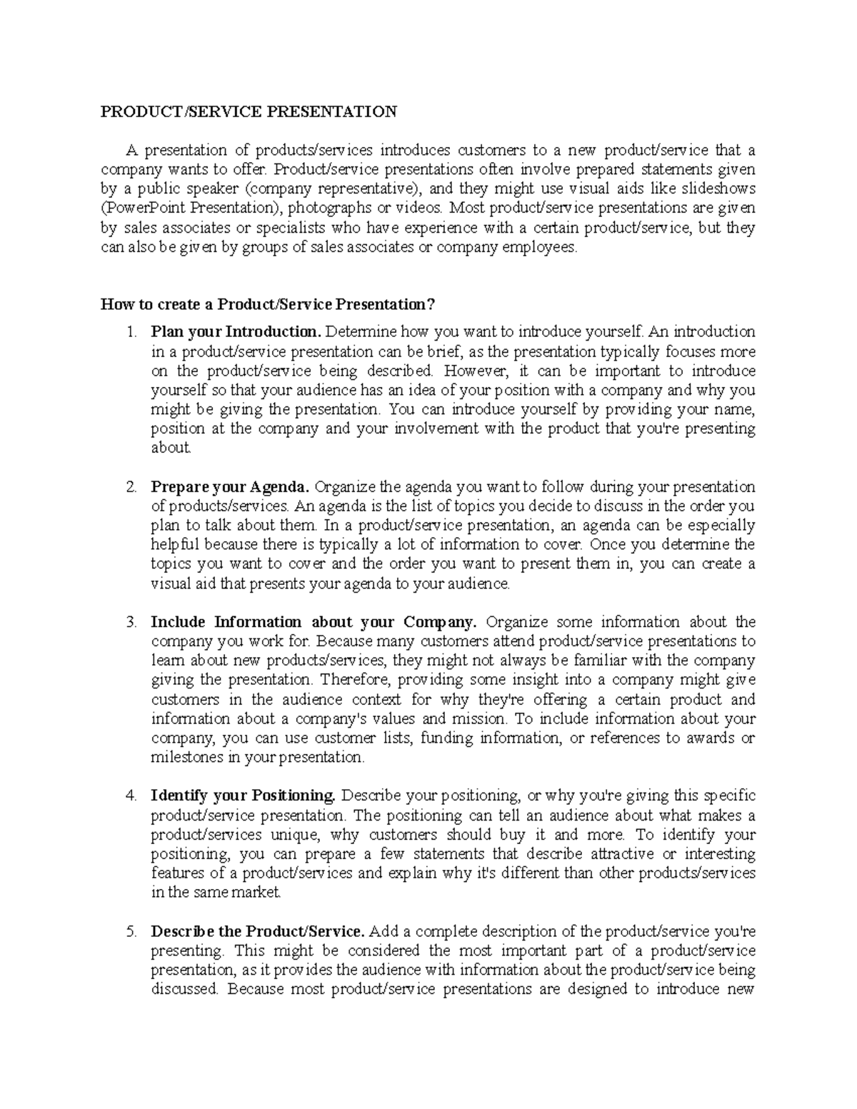 Product or Service Presentation - PRODUCT/SERVICE PRESENTATION A ...