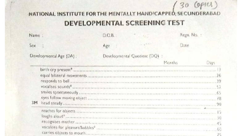 Developmental Screening Test (30 Copies) - NIMH Secunderabad - Studocu