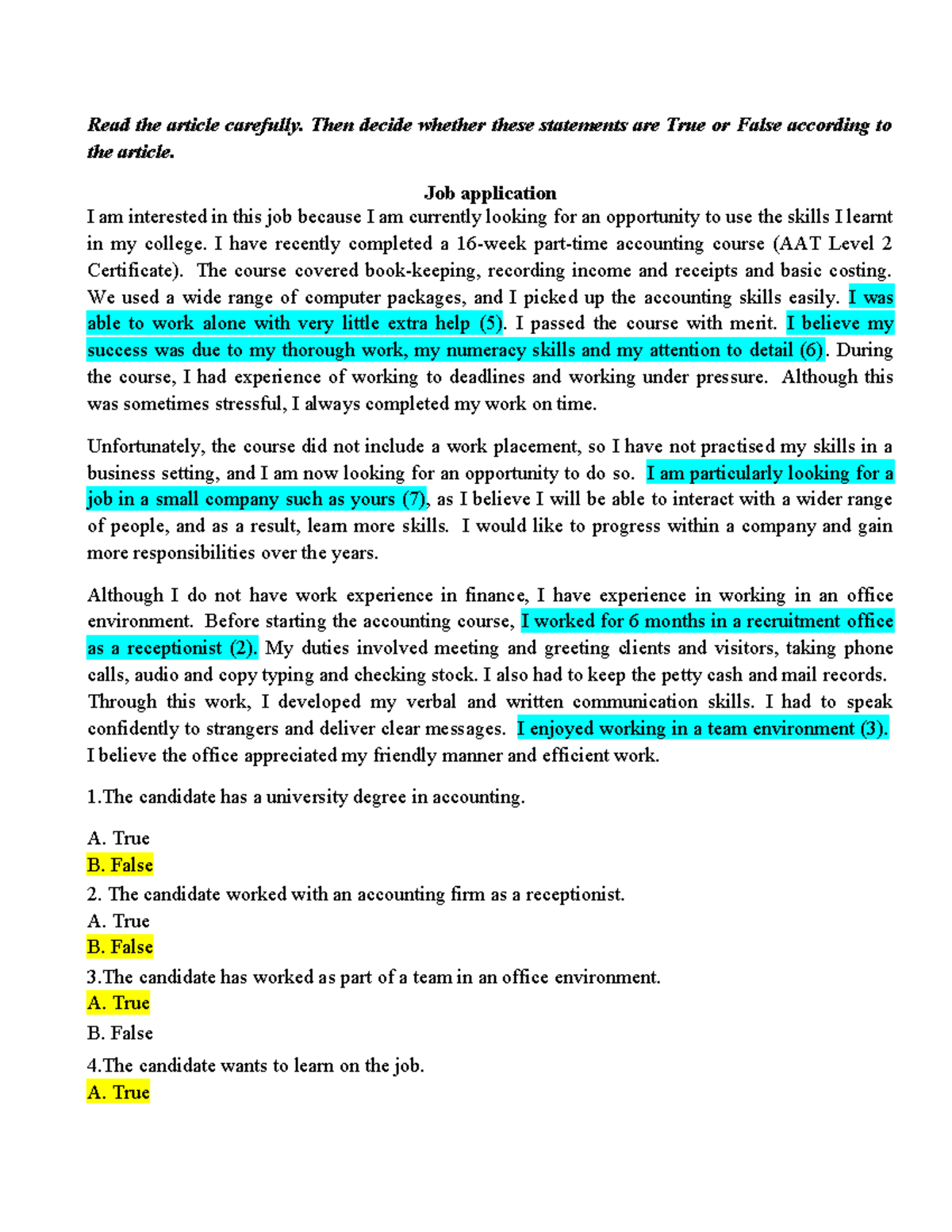 AAT Level 2 Certificate Job Application: True or False Assessment - Studocu