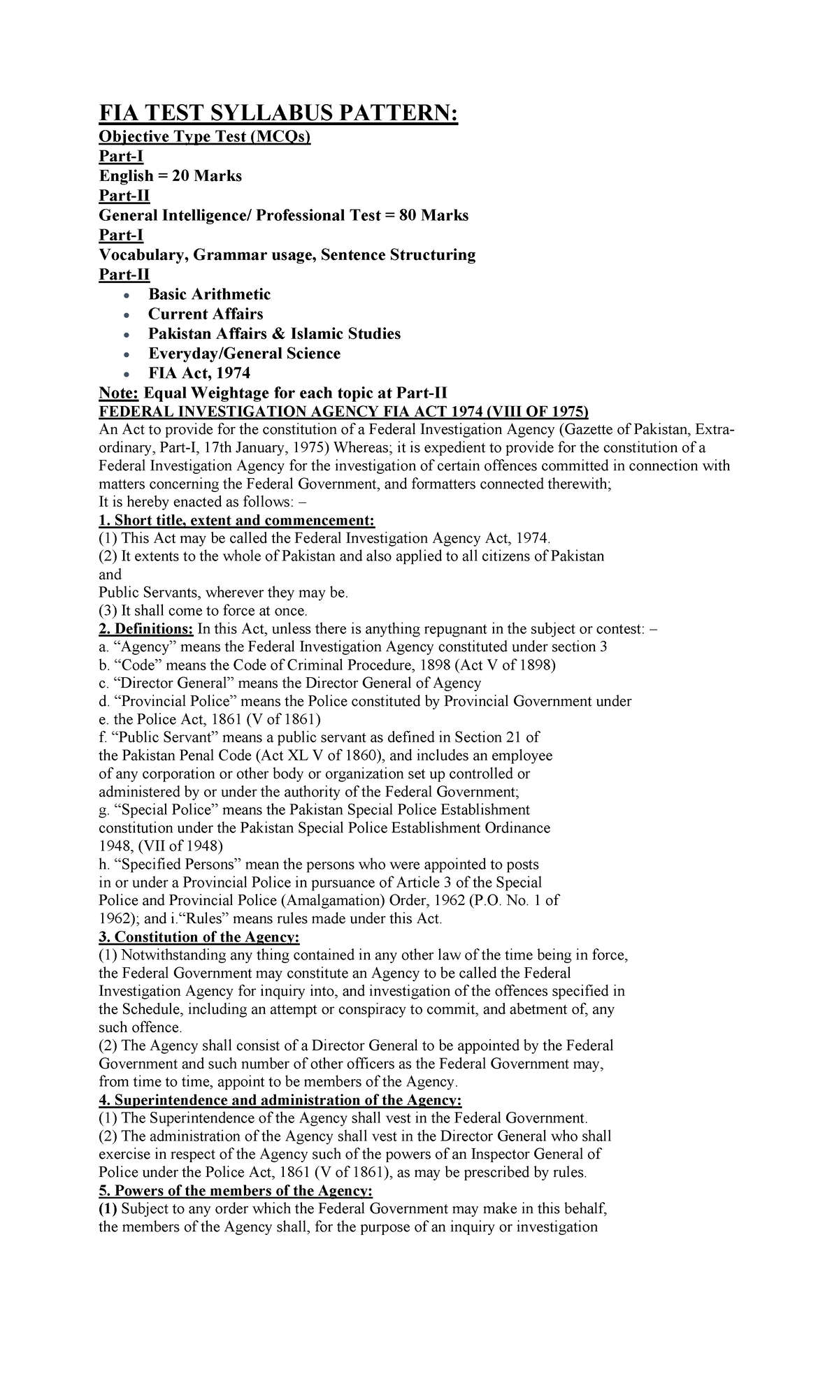 FIA ACT 1974: Objective Type Test Syllabus & Pattern Overview - Studocu