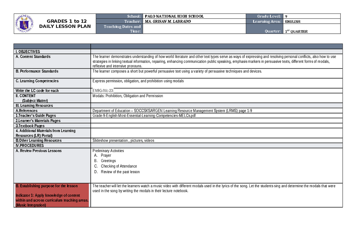 Final-DLL English-9 Q1 W1 - GRADES 1 to 12 DAILY LESSON PLAN School ...