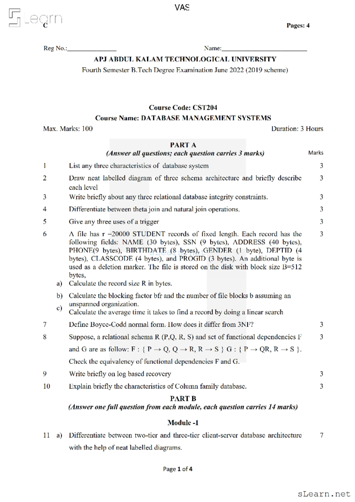 CST204 June 2022 - Database Management Systems Question Paper - Studocu