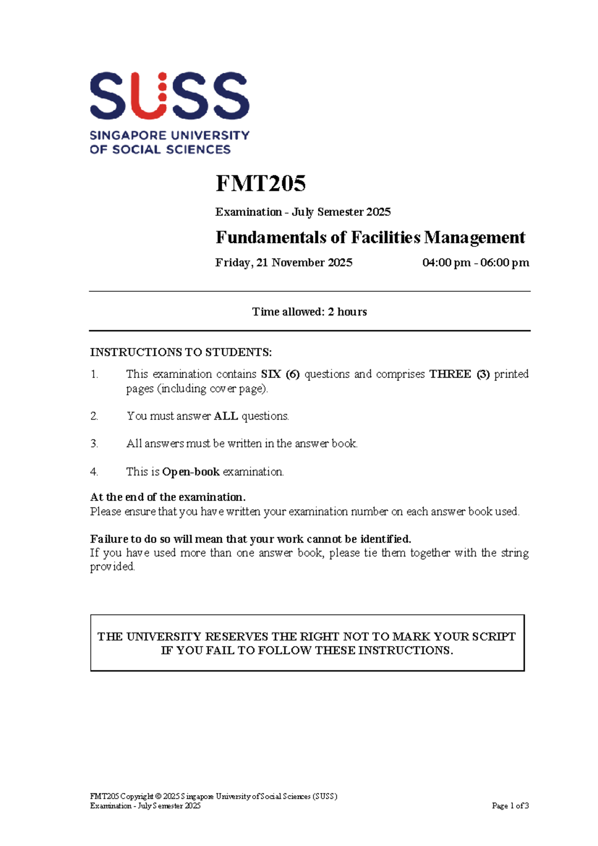 FMT205 July 2025 Exam Paper - Fundamentals of Facilities Management ...