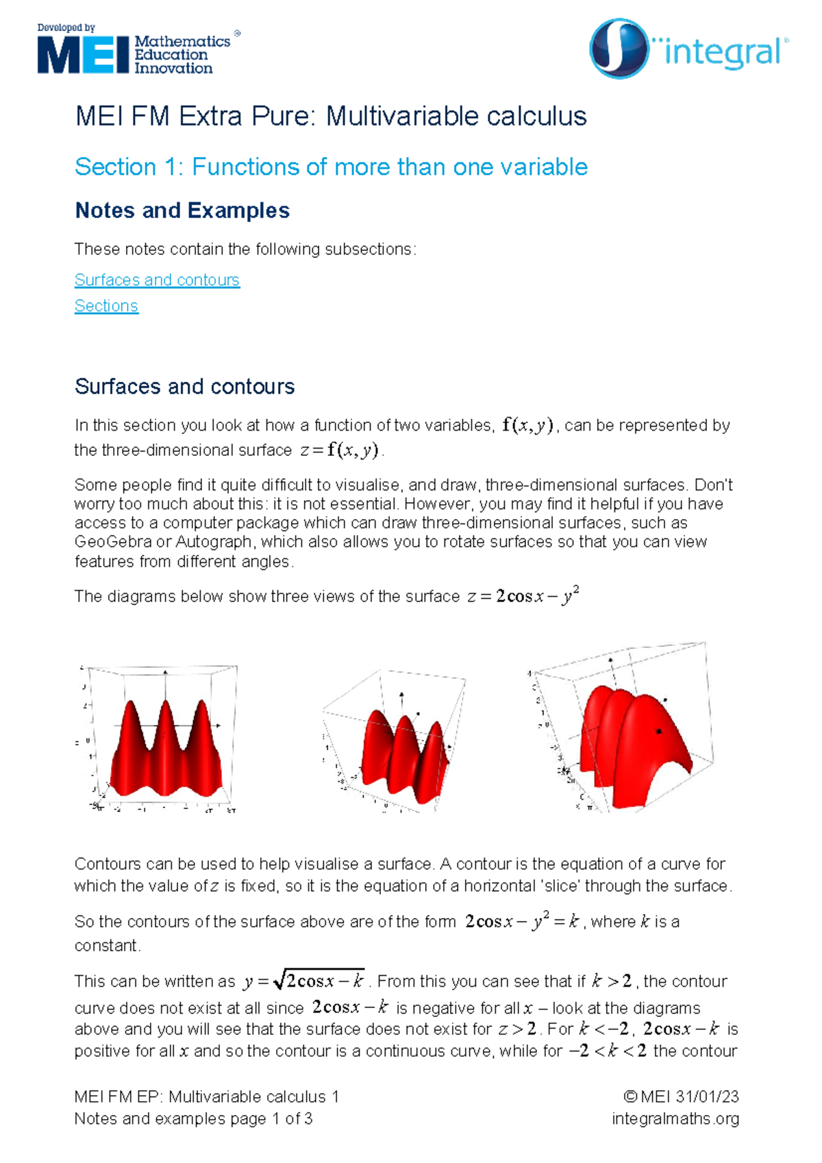 MEI FM EP: Multivariable Calculus Section 1 Notes & Examples - Studocu
