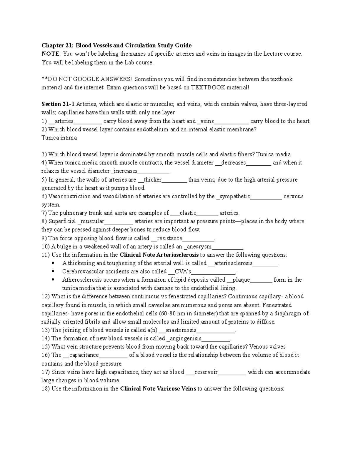 Chapter 21 Study Guide - Chapter 21: Blood Vessels and Circulation Study Guide NOTE : You won’t ...