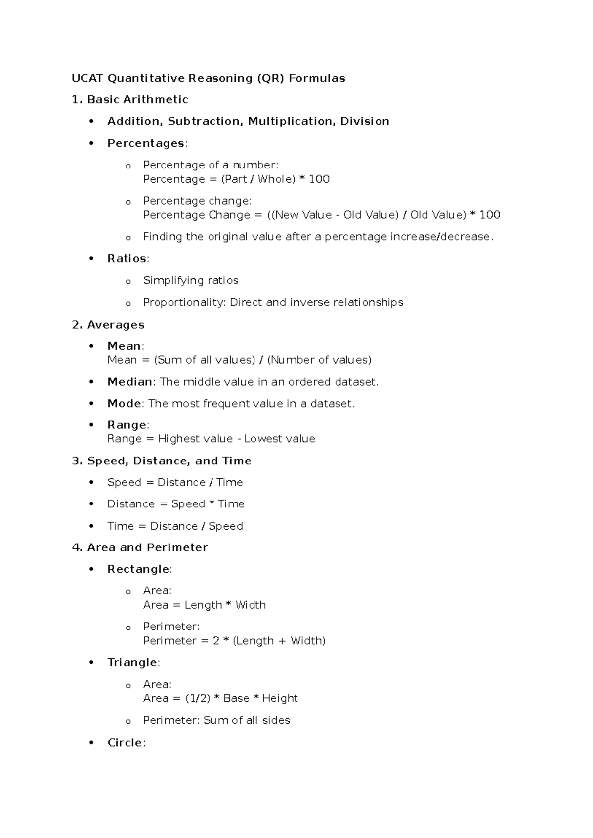 UCAT QR Revision: Essential Formulas for Quantitative Reasoning - Studocu