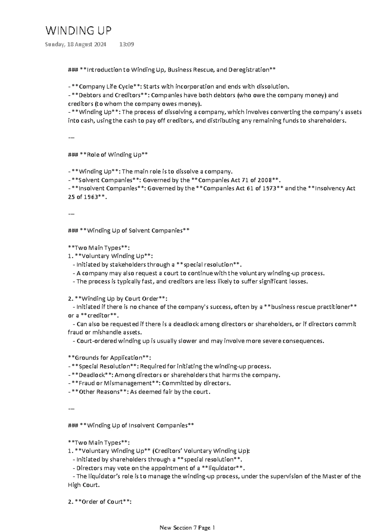 WINDING UP: Business Law Notes on Company Dissolution & Rescue - Studocu