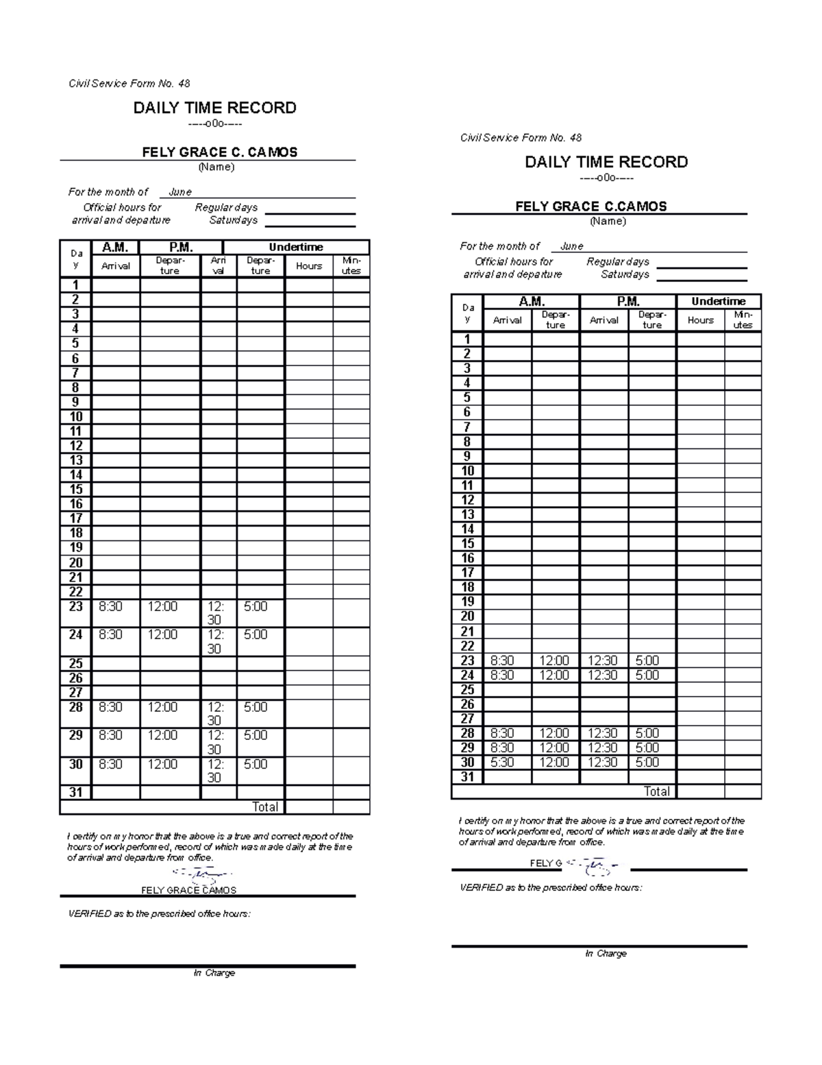 DSWD Daily Time Record (DTR) for June - Fely Grace C. Camos - Studocu