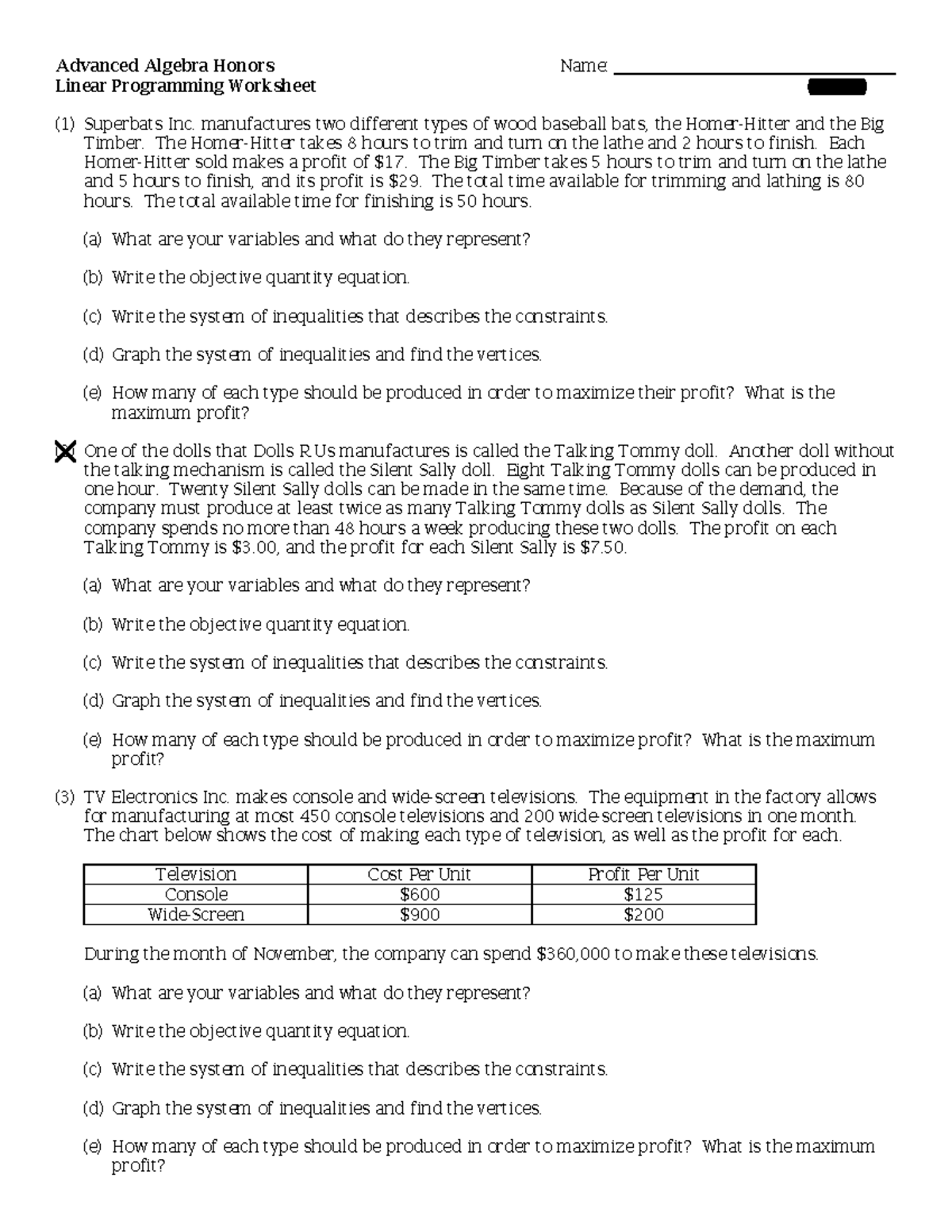 Advanced Algebra Honors (1.8) Linear Programming Practice Worksheet ...
