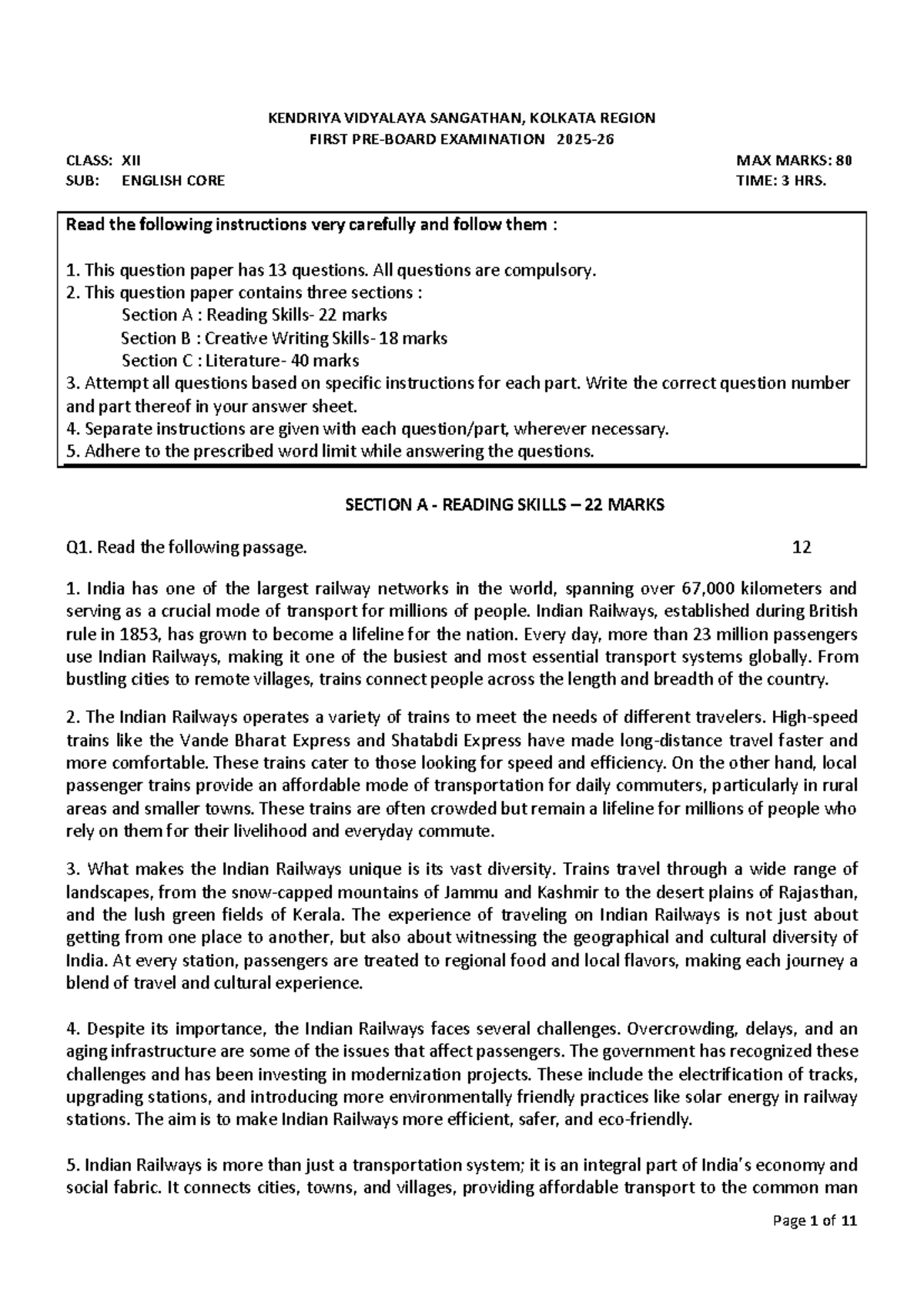 XII-Eng Core-Final Exam Question Paper - KVS Kolkata Region - Studocu