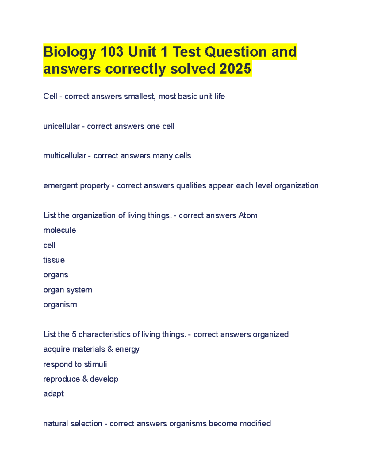 Biology 103 Unit 1 Test: Comprehensive Q&A Solutions 2025 - Studocu