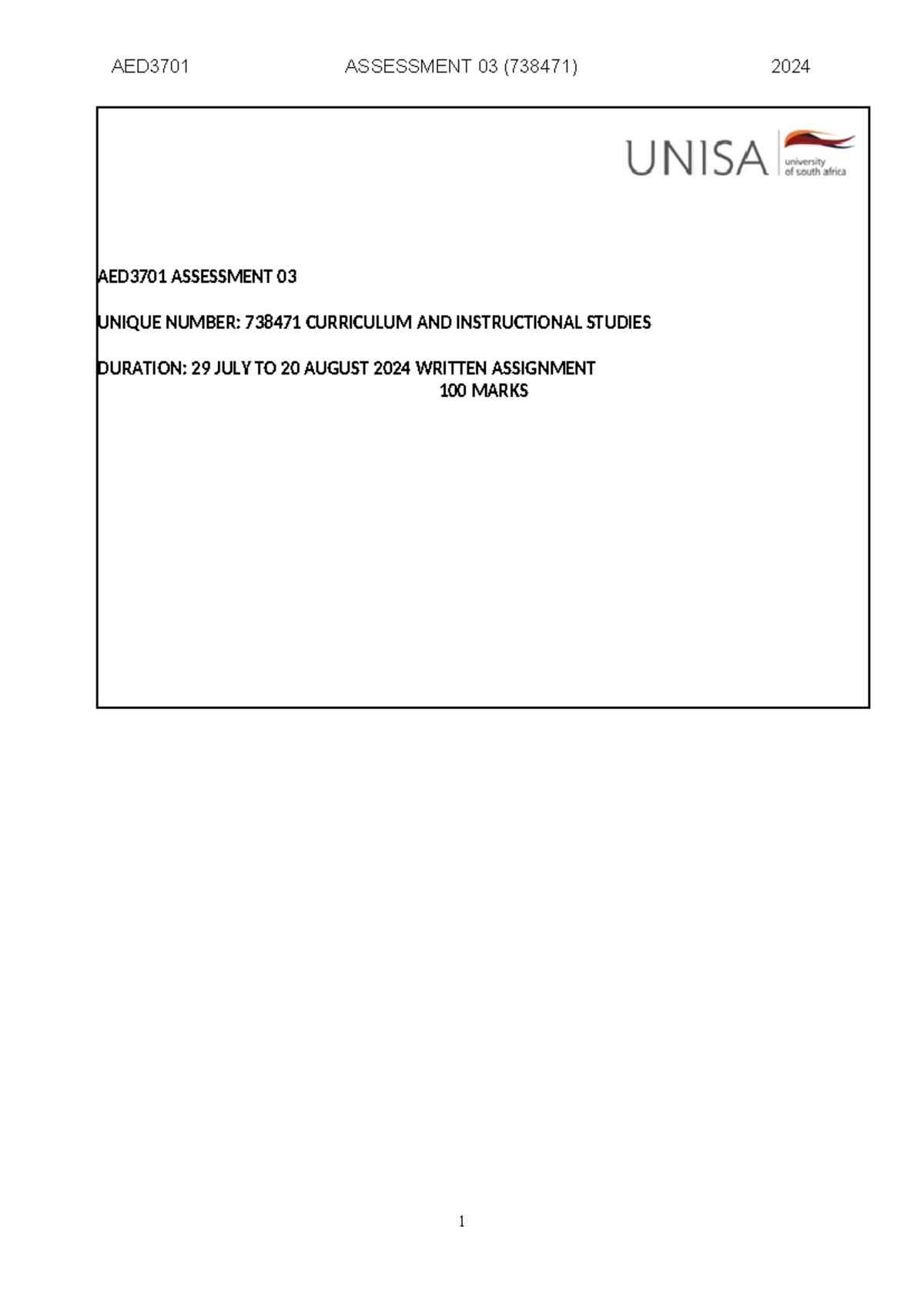 AED3701 Assessment 3 (738471) - AED3701 ASSESSMENT 03 UNIQUE NUMBER ...