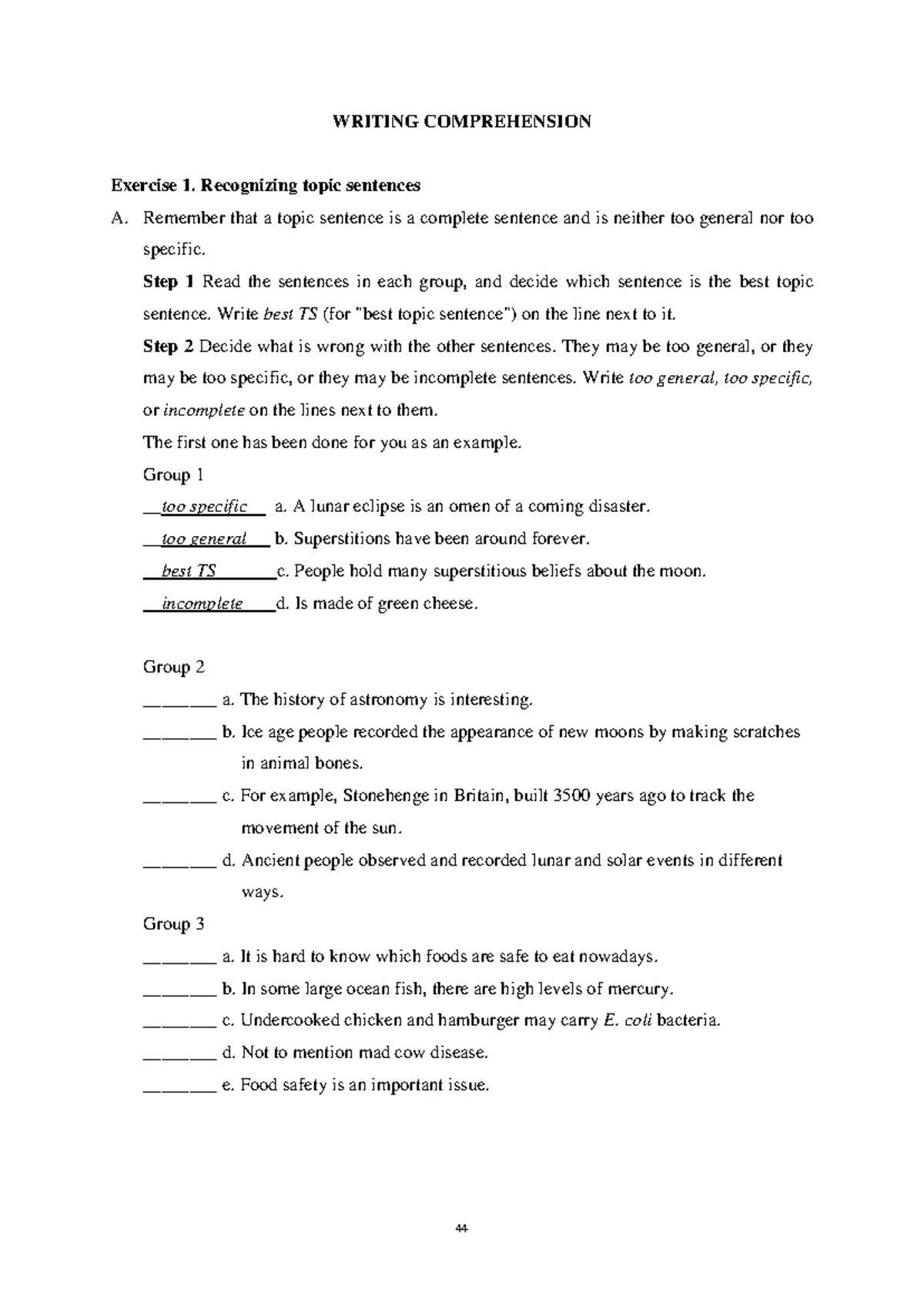 Writing Comprehension Part 1 (Assignment) - Topic Sentences Exercise ...