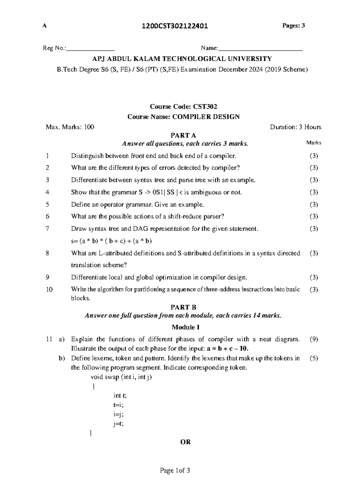 CST302-QP - Compiler Design Previous Year Question Paper - Studocu