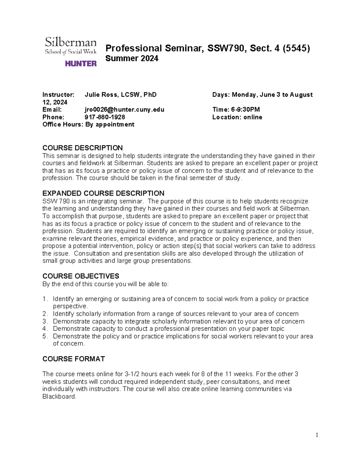 SSW790 Pro Seminar Course Overview & Structure for Summer 2024 - Studocu
