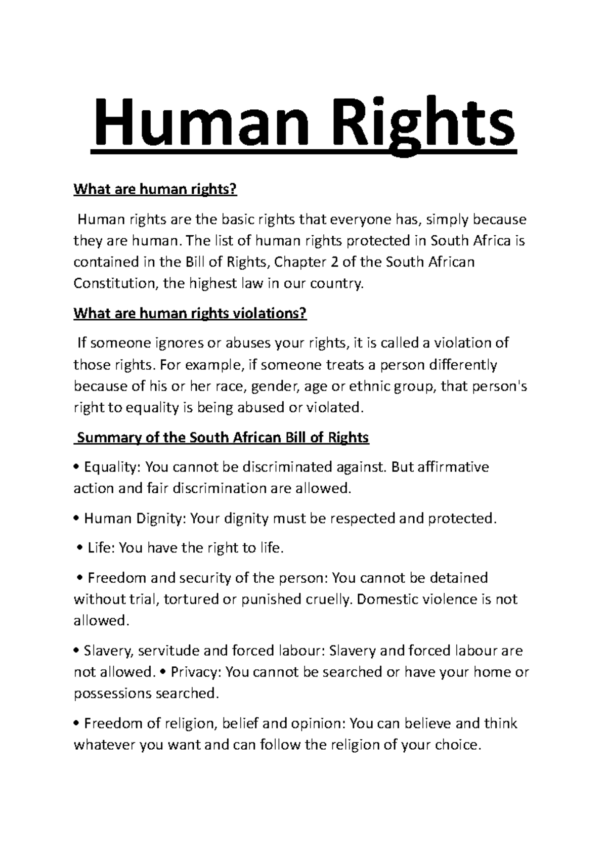 Human Rights Notes - Grade 8 Overview of South African Bill of Rights ...