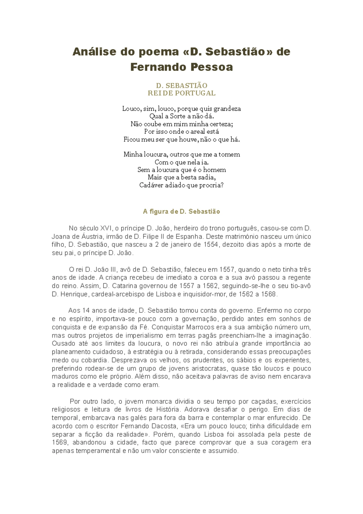 Análise do poema «D. Sebastião» de Fernando Pessoa - Análise do poema ...
