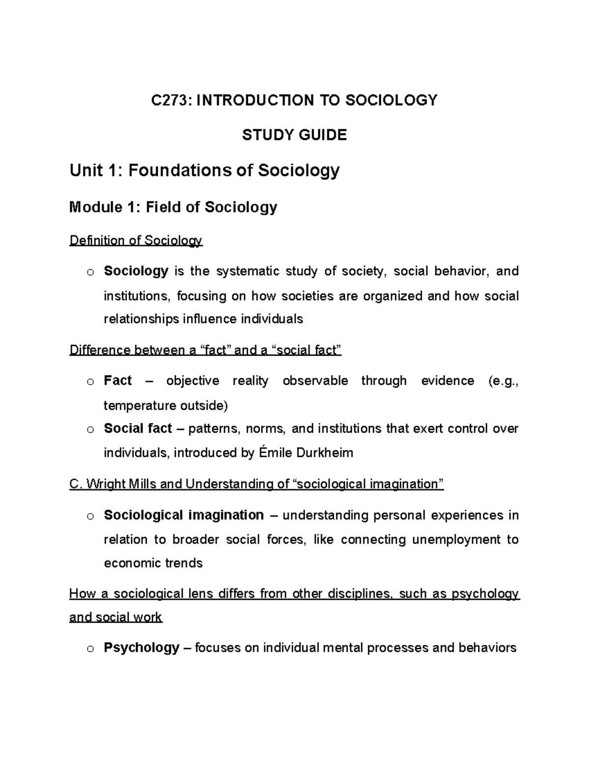 C273 Sociology Study Guide: Key Concepts and Theories Overview - Studocu