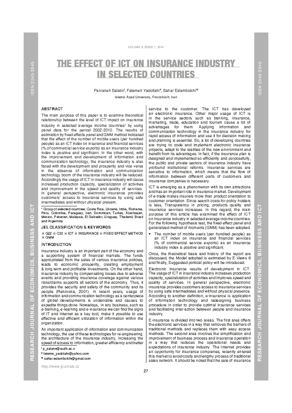 The Effect of Ict on Insurance Industry - Parvaneh SalatinI, Fatemeh ...