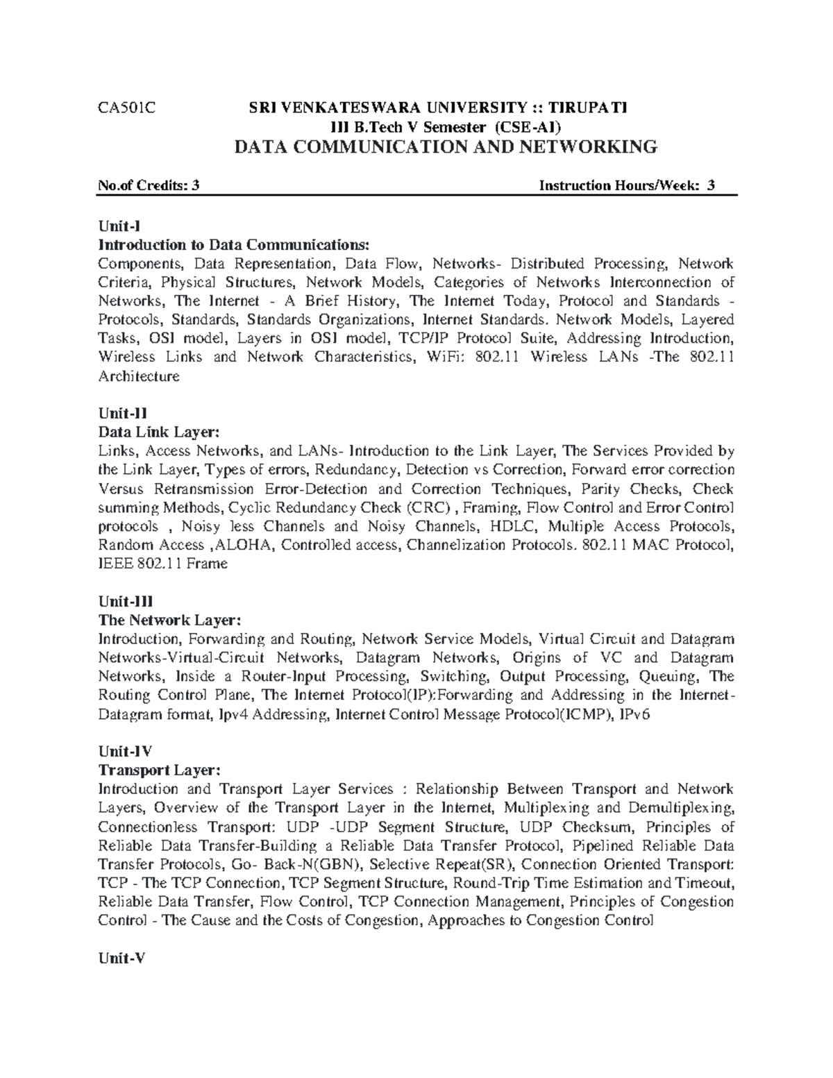Csa I syllabus - cseai - CA501C SRI VENKATESWARA UNIVERSITY :: TIRUPATI ...