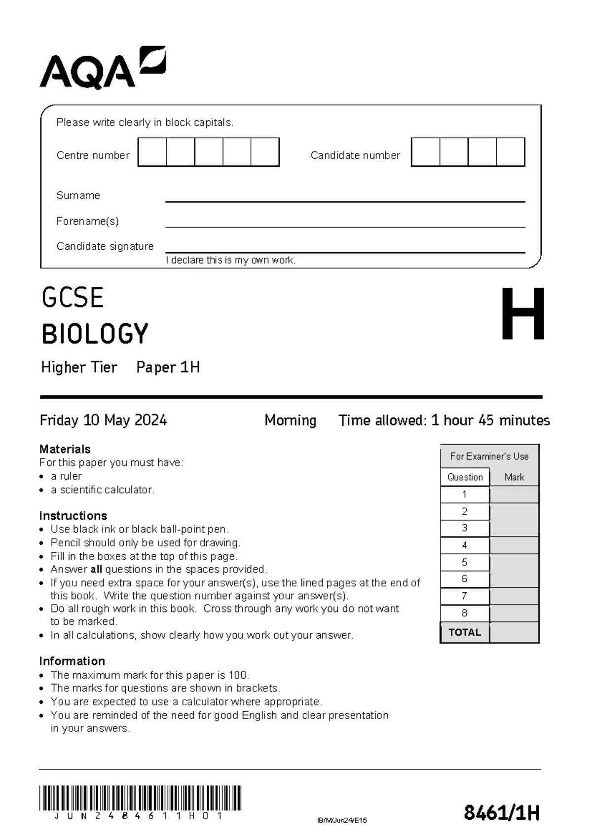 GCSE Chemistry Paper 1 Higher Tier 2024 Exam - Revision Guide - Studocu