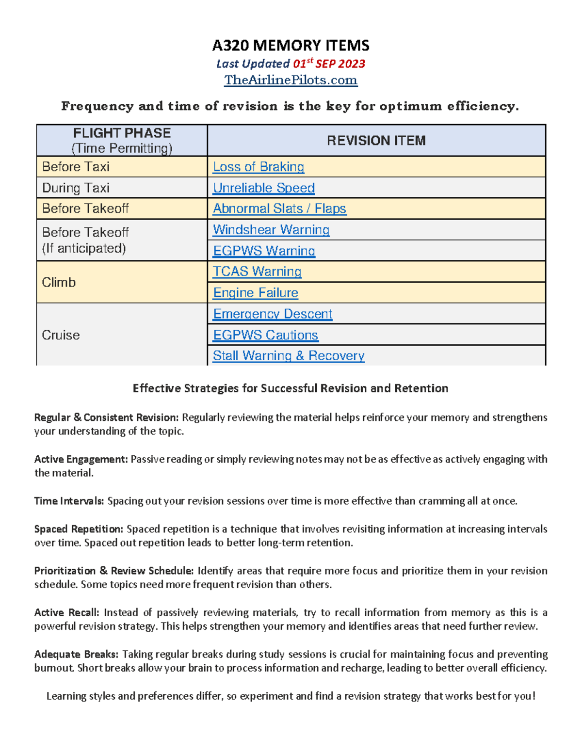 A320 Memory Items & Revision Strategies for Pilots - Studocu