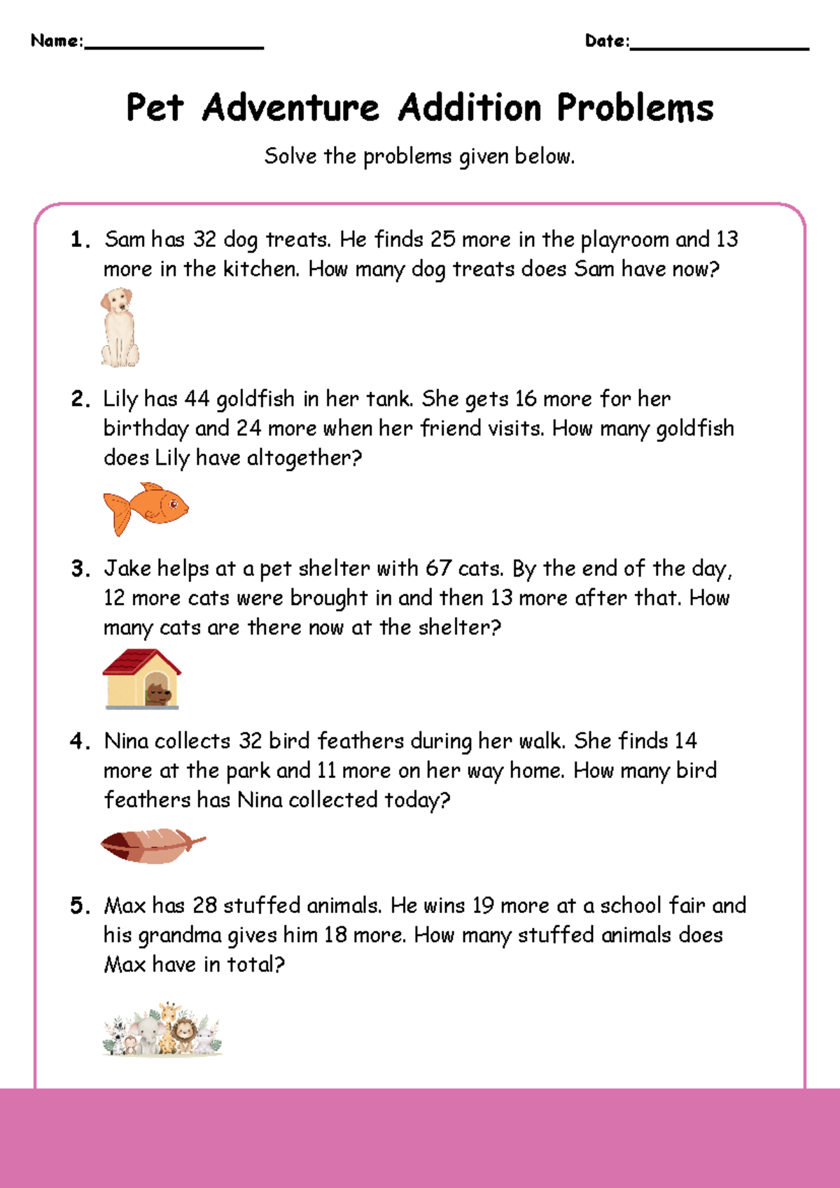 Pet Adventure Addition Problems - 2nd Grade Worksheet - Name: Date: Pet ...