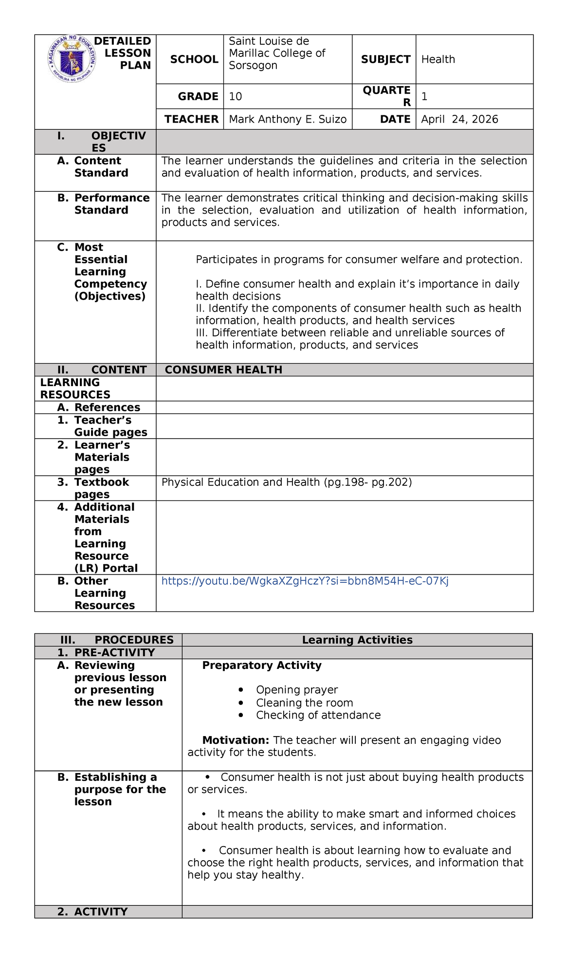 Consumer Health Lesson Plan (Grade 10) - Q1 - Studocu
