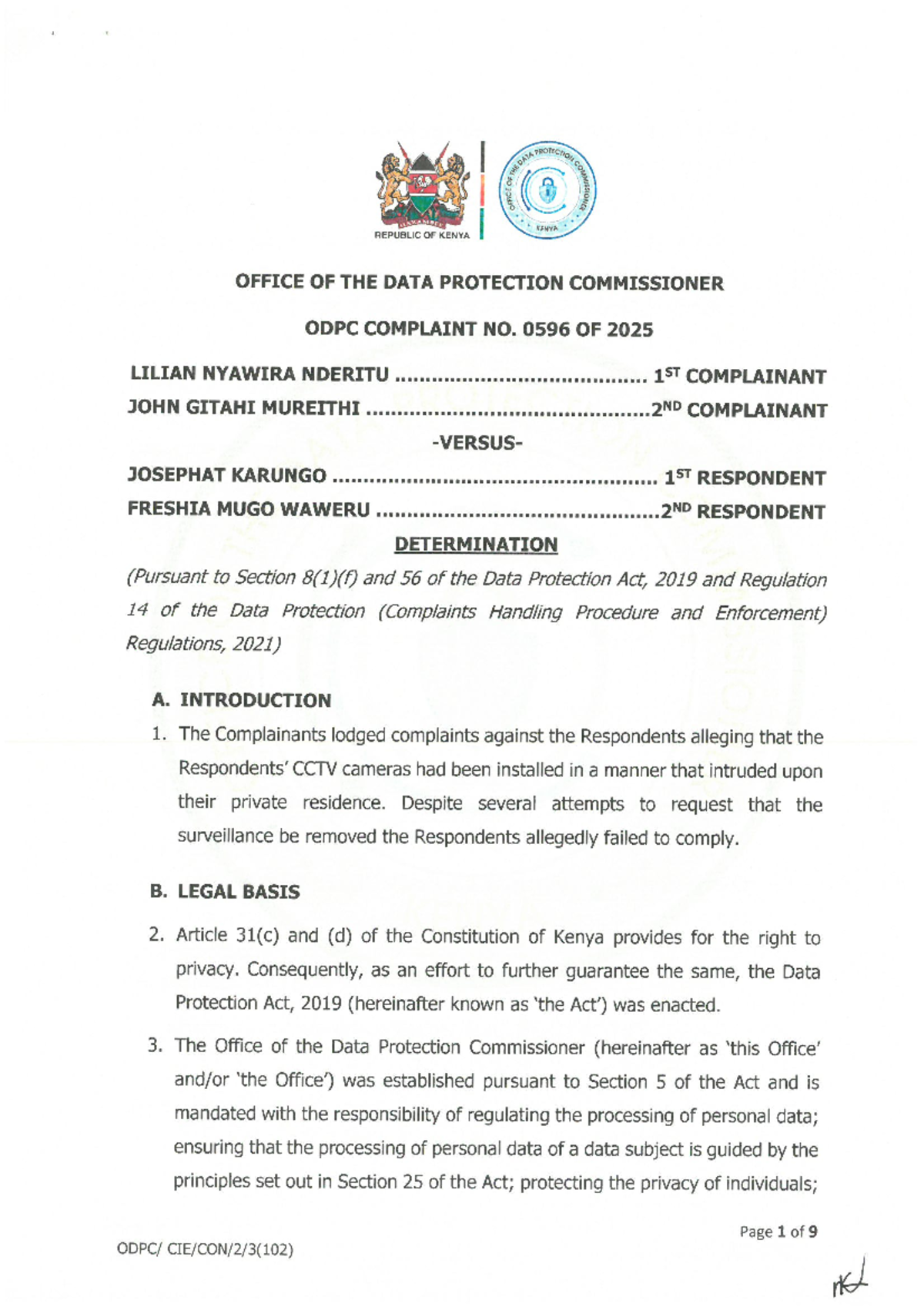 CCTV Privacy Complaint Determination: Lillian Nyawira vs. Josephat ...