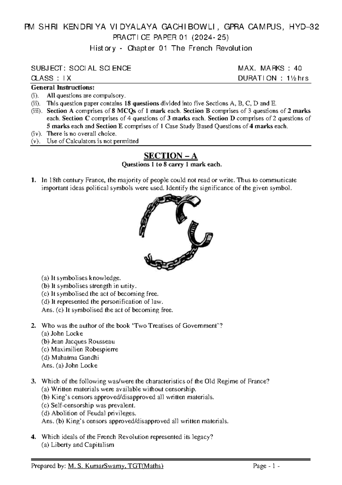 Social Science Class IX Practice Paper 01: The French Revolution ...