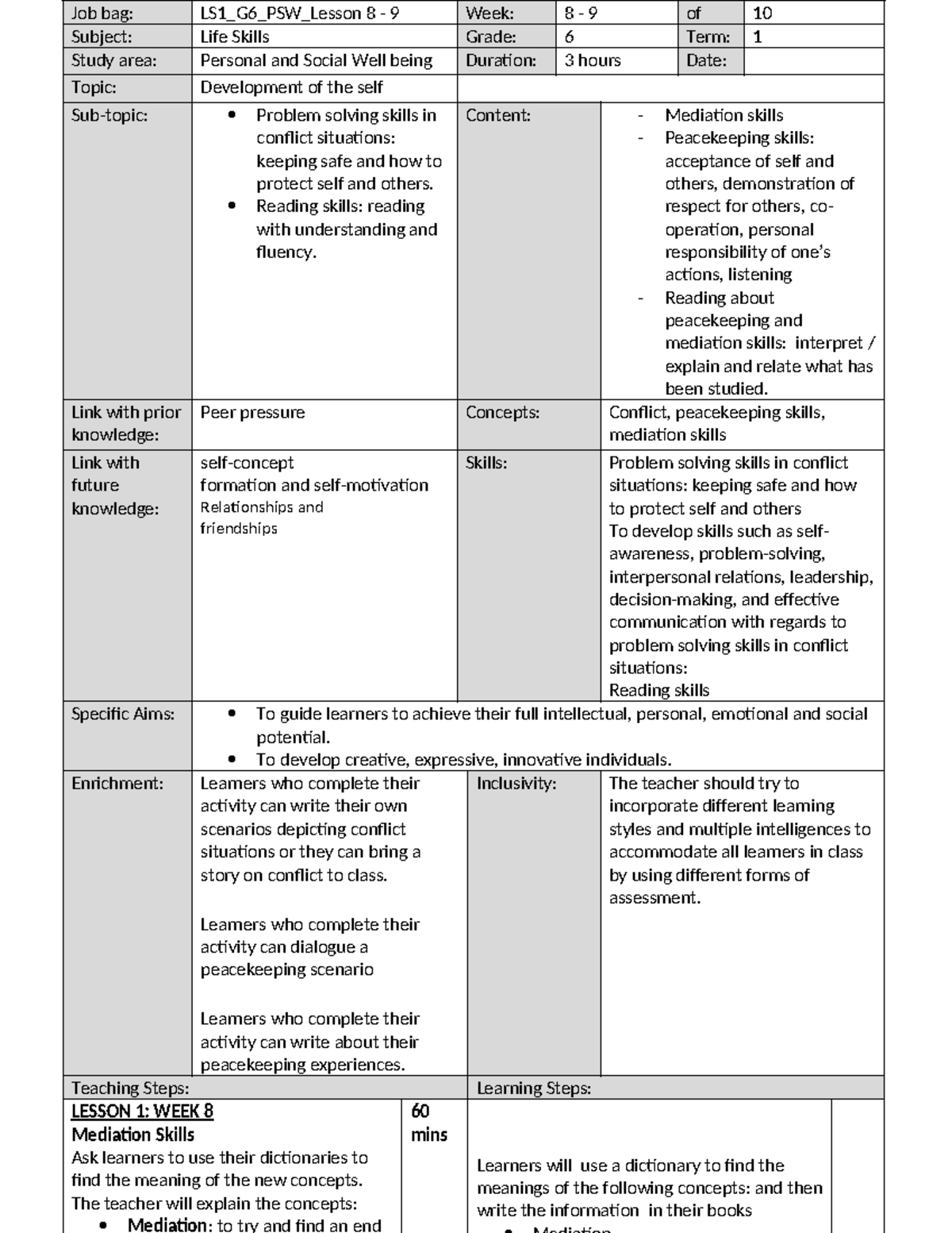 LS1_G6_PSW_Lesson 8-9: Mediation & Problem Solving Skills - Studocu