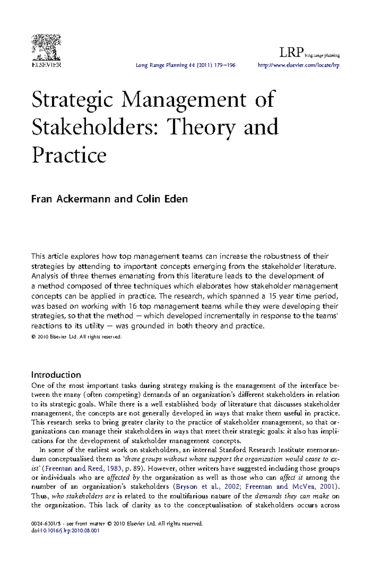 Strategic Management of Stakeholders Theory and Practice - Strategic Management of Stakeholders ...